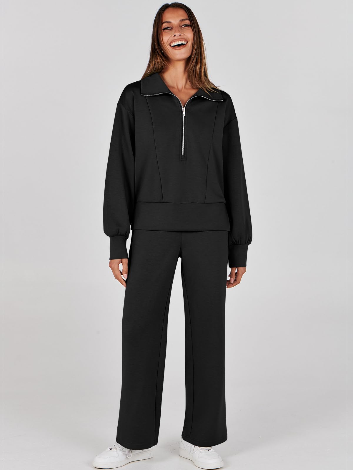 ANRABESS Womens Two Piece Outfits 2024 Fall Sweatsuit Set Half Zip Cropped Sweatshirt Wide Leg Sweatpant Lounge Set Black Medium
