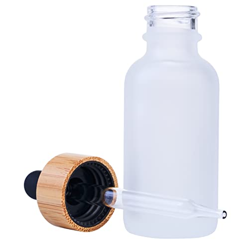 Focus Nutrition 12 Pack Clear Frosted Boston Round Essential Oils Aromatherapy Glass Bottles Jar With Black Bamboo Eye dropper cap, 1oz