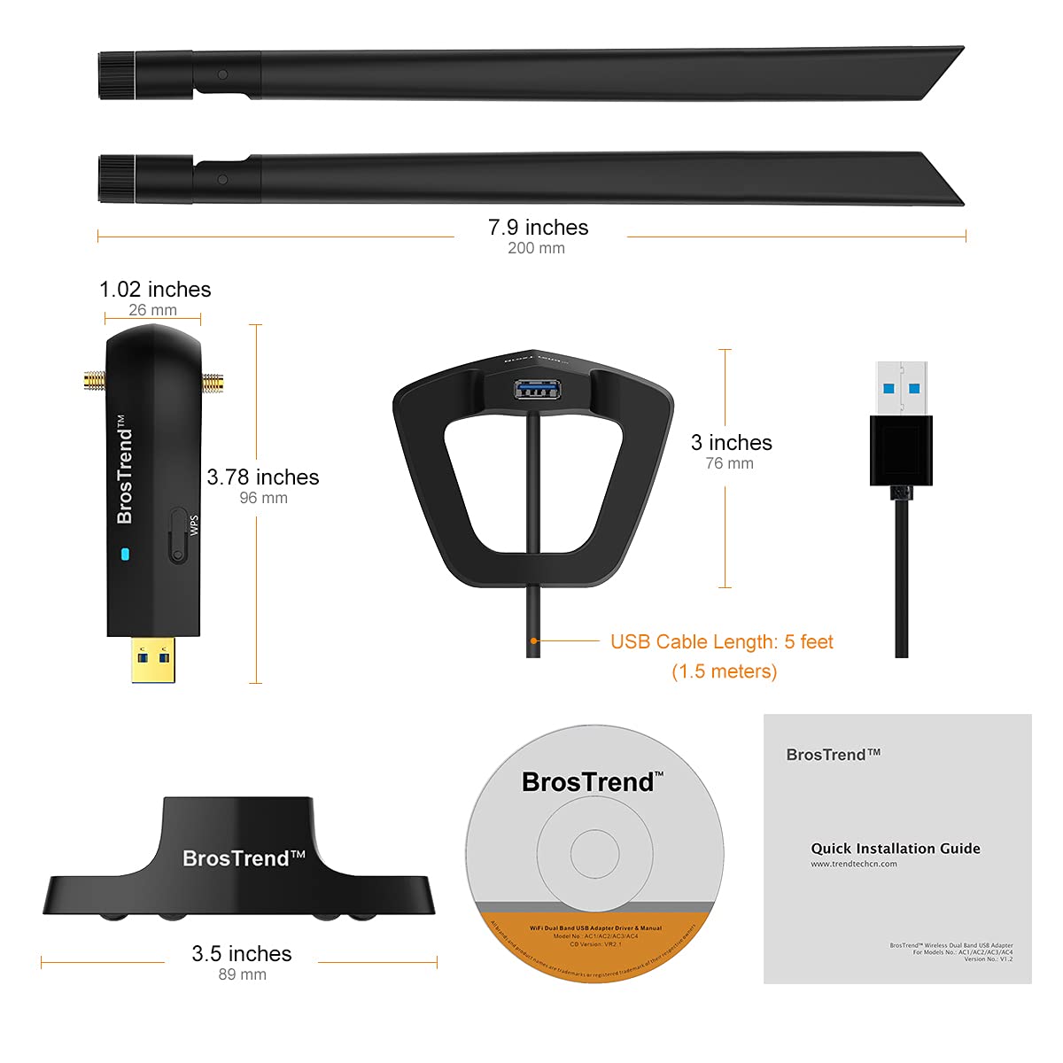 BrosTrend 1200Mbps Long Range USB WiFi Adapter for PC Desktop Laptop of Windows 11/10/8.1/8/7 and BrosTrend 650Mbps Linux WiFi Adapter for Ubuntu, Mint, Kali, Debian, Kubuntu