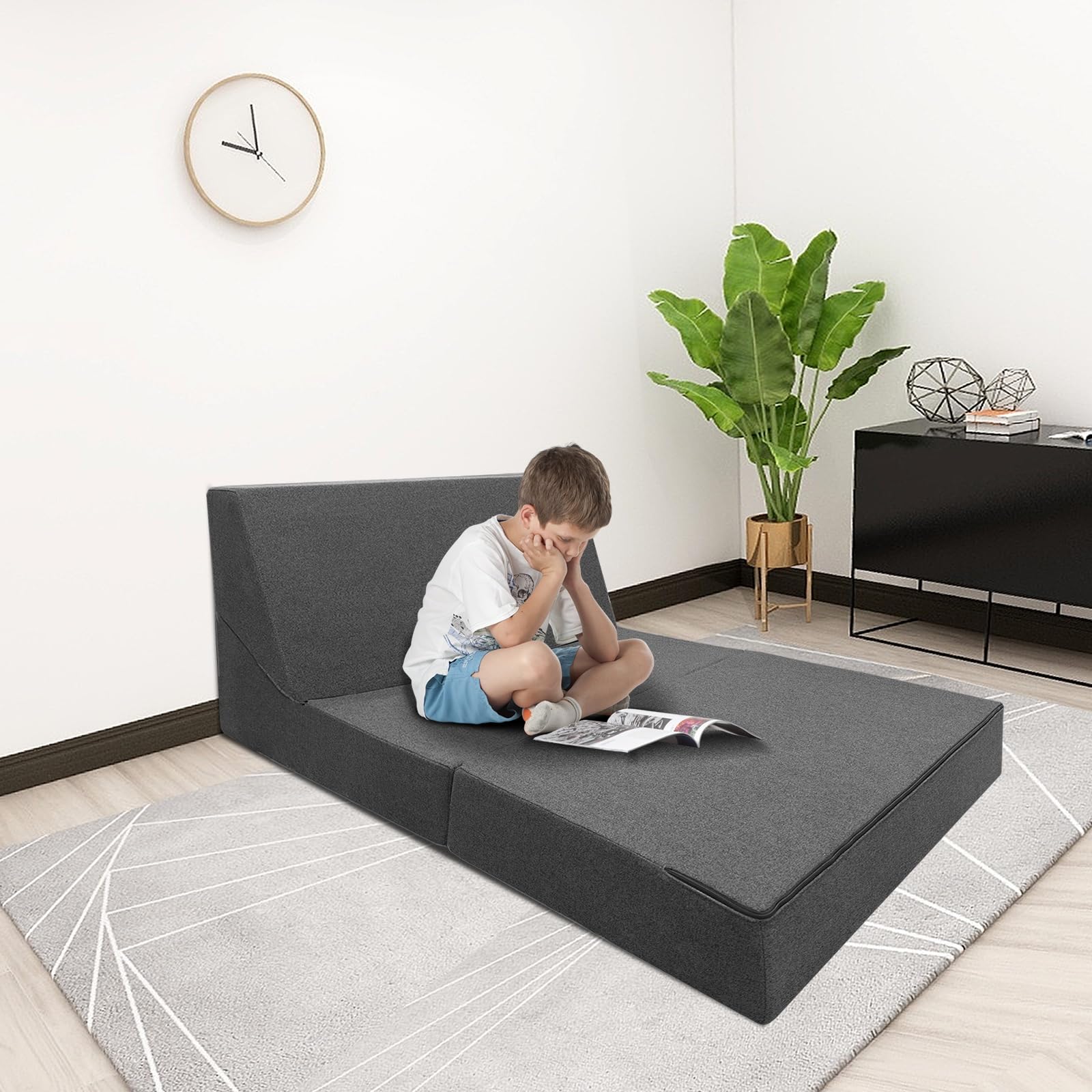 ANONER Convertible Sofa Bed Memory Foam Lounge Chaise with Pillow Chaise Sofa Chair for Living Room Bedroom and Apartment Office, Dark Gray
