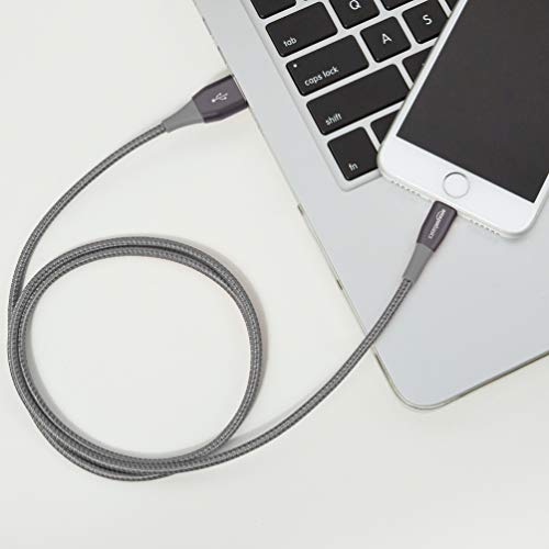 Amazon Basics Double Nylon Braided USB-A Cable with Lightning Connector, Premium Collection, MFi Certified Apple iPhone 14 13 12 11 X Xs Pro, Pro Max, Plus, iPad, Dark Grey, 3-Ft, 2 Pack