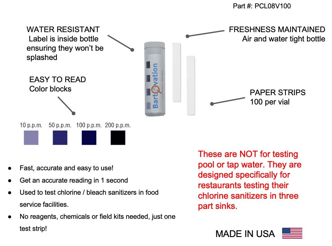 Chlorine Sani Test Strips for Food Service Restaurant Sanitizer Precision Bleach Test Paper, 10-200 ppm [100 Paper Test Strips]