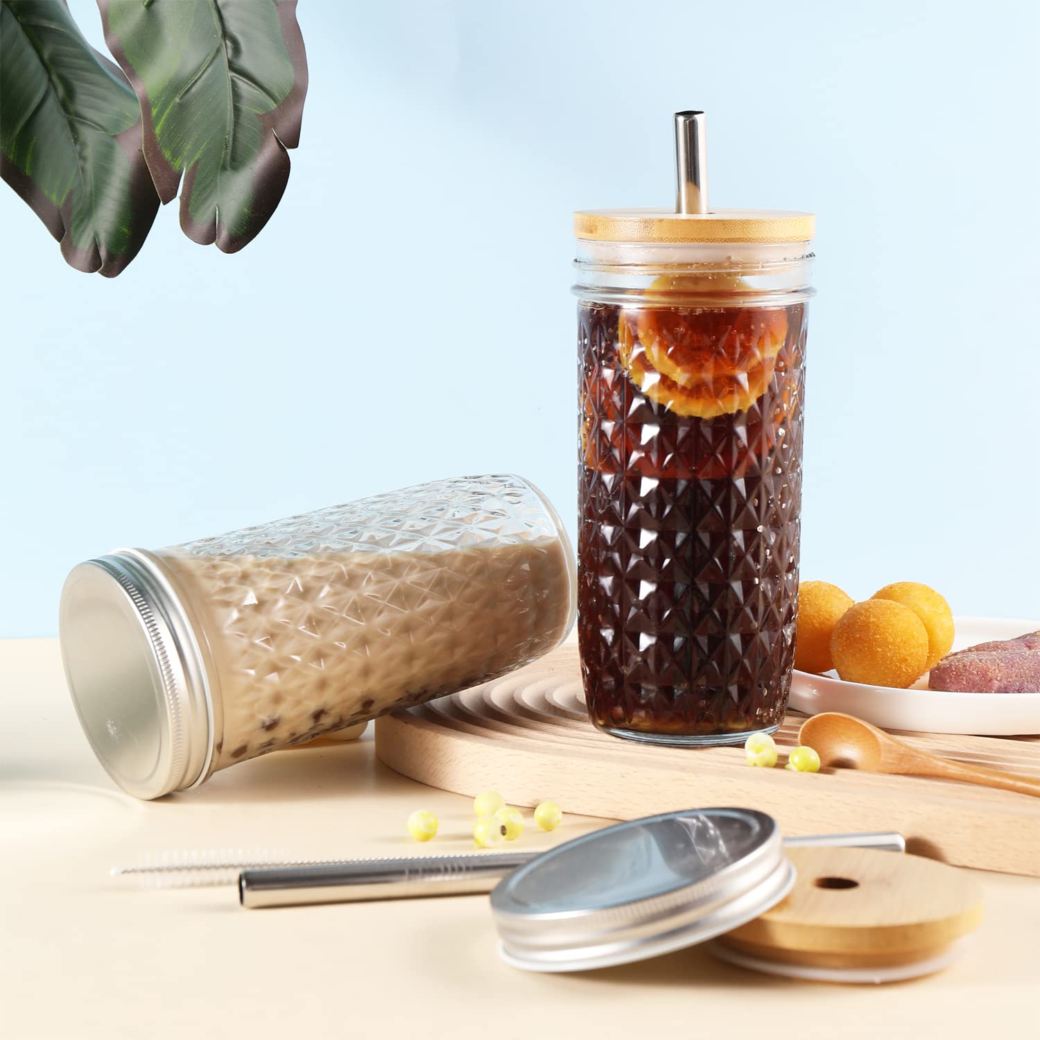 ASANMEYO 2 Pcs Glass Cups Set - 24oz Mason Jar Drinking Glasses with Bamboo Lids & Straws & 2 Airtight Lids, Cute Reusable Smoothie cup, Iced Coffee Glasses, Travel Tumbler for Bubble Tea, Juice
