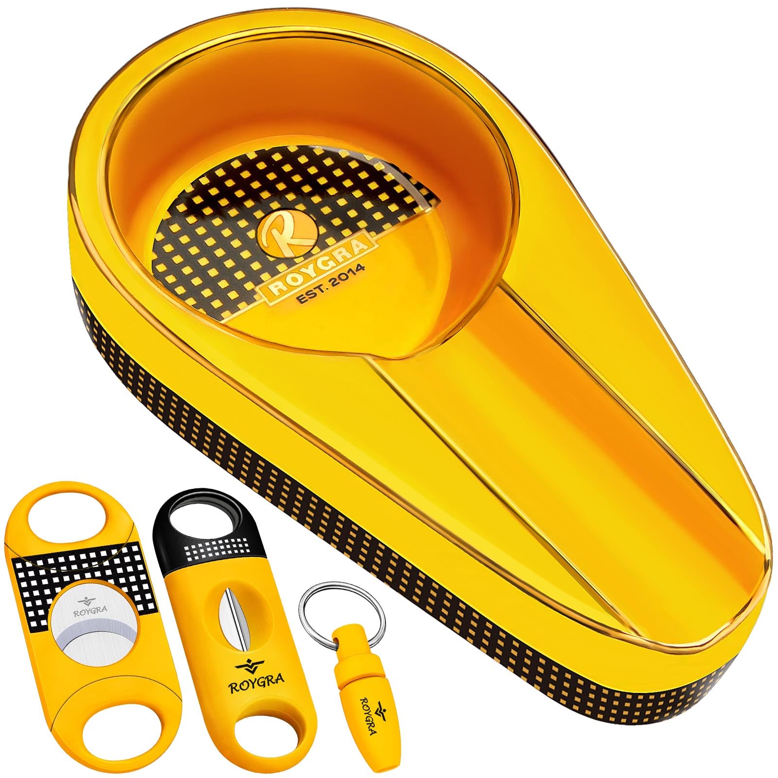 roygra Cigar Ashtray with Cigar Cutter Set, Handmade Gilt Ceramic Ashtray with Enlarge Guillotine, Enlarge V-Cut, Cigar Punch (Orange)