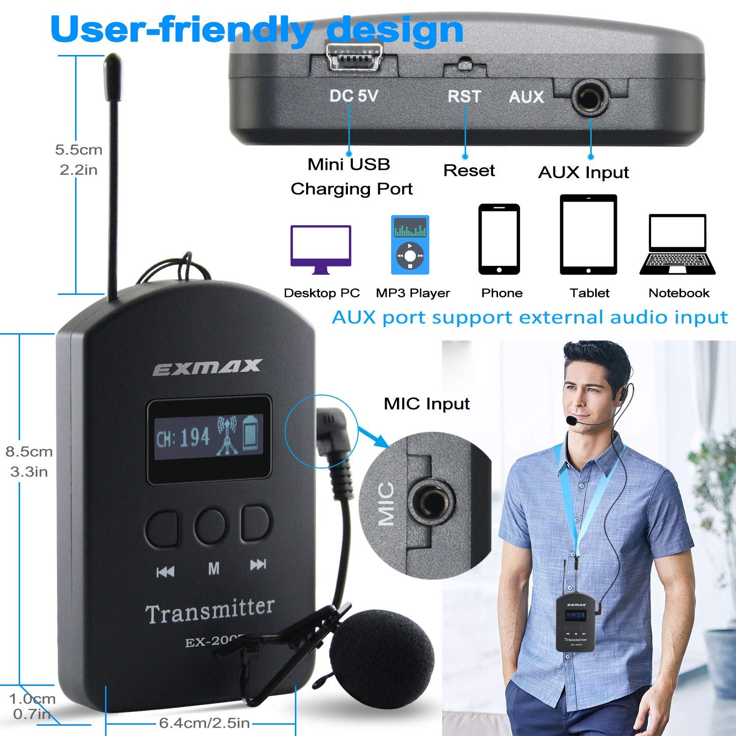 EXMAX EX-200N UHF Wireless Tour Guide System Hands-free Transmitter Receiver 200 Channels for Church Translation, City Museum Tour, Equestrian Training, hajj - 1 Transmitter & 6 Receivers