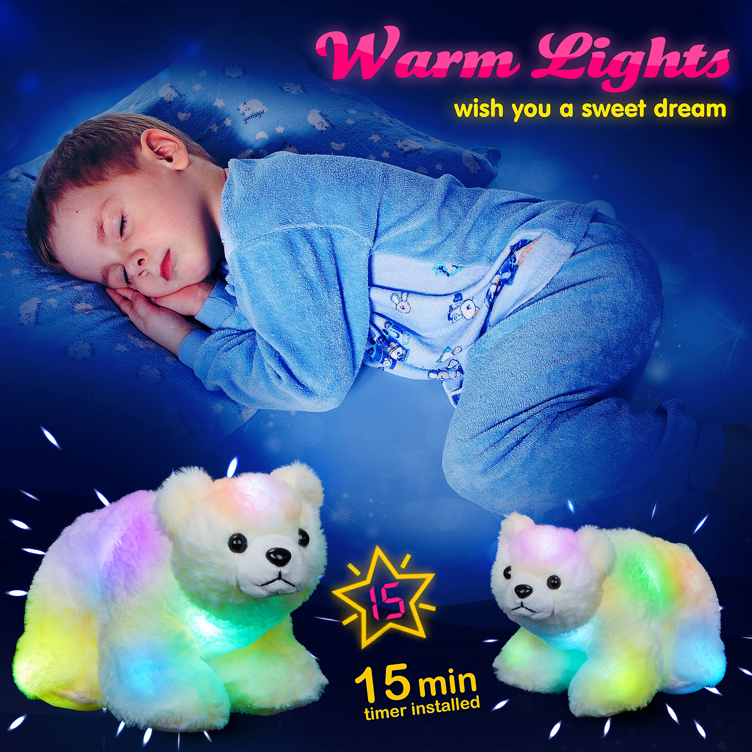 BSTAOFY Light up Polar Bear Stuffed Animal LED Night Light Soft Plush Toy Glow Gift for Kids on Christmas Birthday Valentine's Day, 11'', White