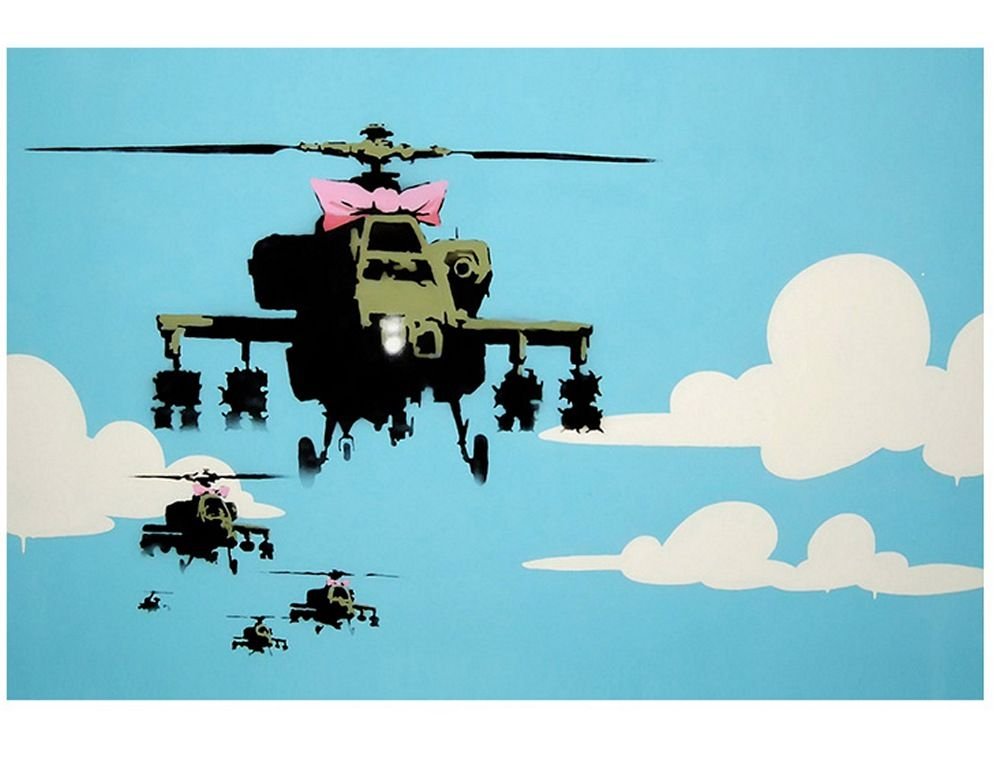Alonline Art - Helicopter Apache by Banksy | framed stretched canvas (Synthetic) on a ready to hang frame - gallery wrapped | 30"x20" - 76x51cm | Wall art home decor for nursery picture HD artwork