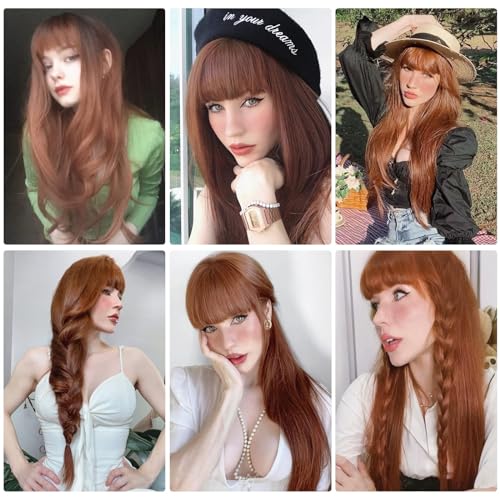 BAACHE Auburn Wig with Bangs Long Curly Wavy Wigs for Women Synthetic Ginger Wig for Daily/Party Cosplay