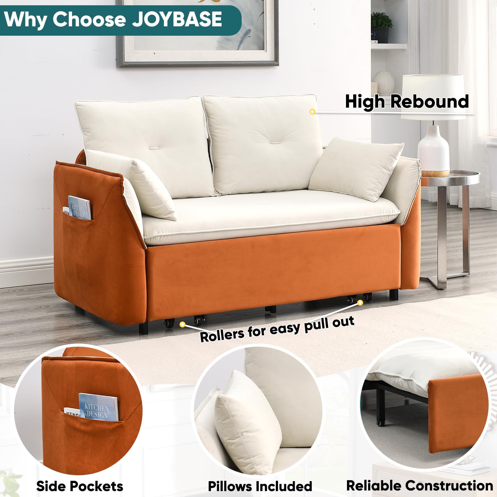 JOYBASE Pull Out Sleeper Sofa Bed Couch, Modern Convertible Loveseat Sofa Couch with Pullout Bed for Apartment Bedroom Living Room (Blue & White, Velvet)