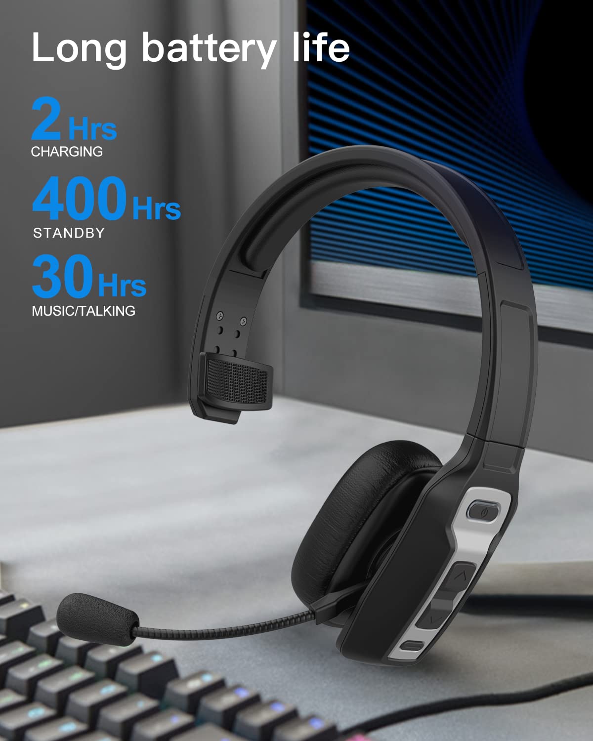 ASIAMENG Bluetooth Headset with USB Dongle/Adapter, Single-Ear Wireless Headset with Noise Cancelling Microphone Mute Button Large Battery for Computer PC Laptop Cell Phones Trucker Office Home