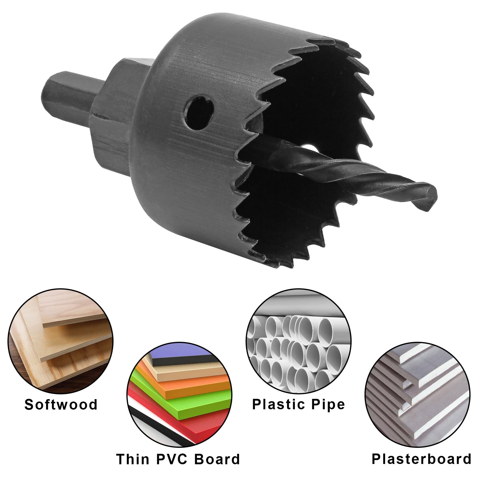 Aracombie 4PCS 1-1/4 Inch to 2-1/8 Inch Hole Saw Kit for Wood, 1.2 Inch Cutting Depth Hole Cutter Drill Bit with Mandrel, Round Hole Saw Set for Cornhole Boards Plastic Drywall Soft Metal (Black)