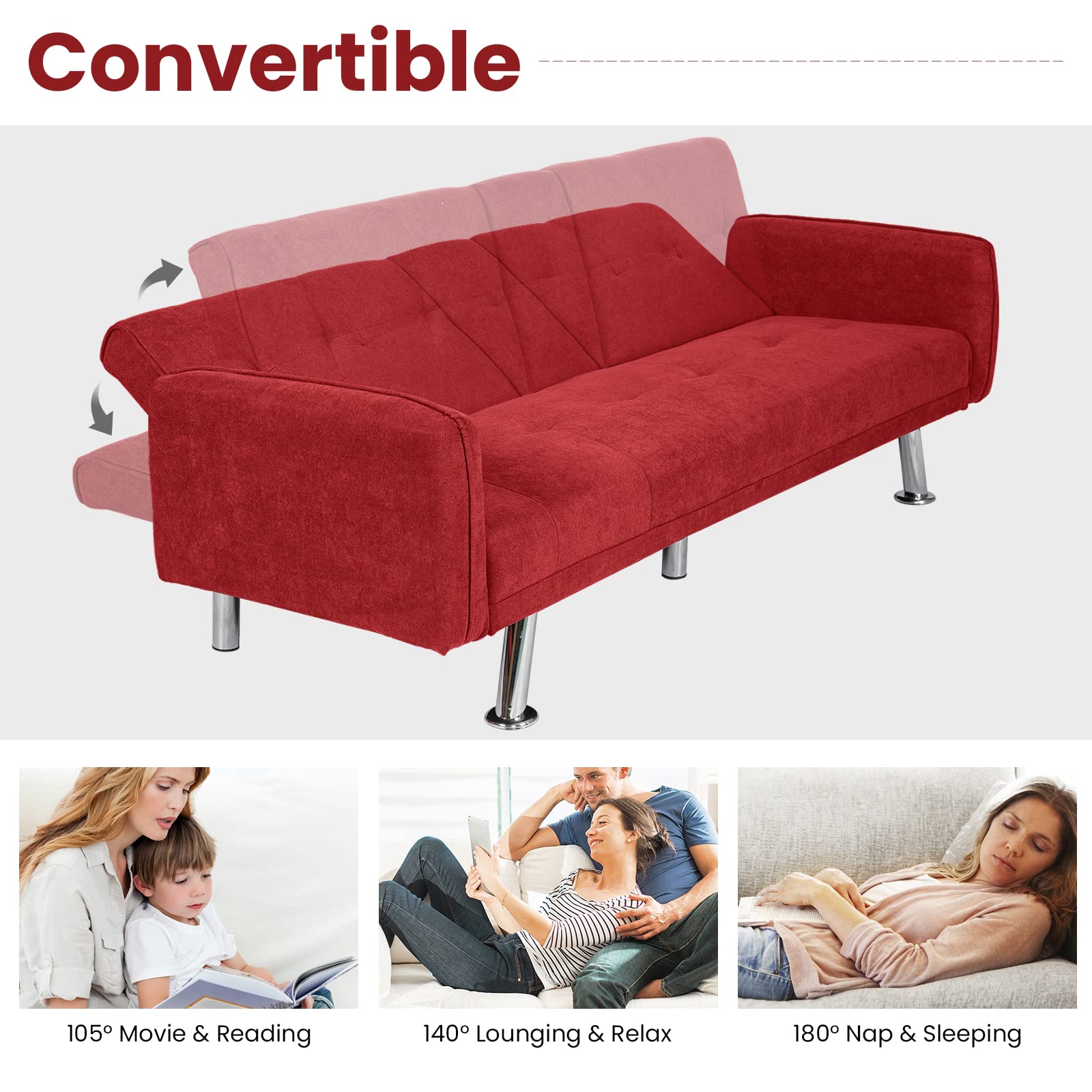AWQM Futon Sofa Bed,Modern Upholstered Convertible Folding Sleeper Sofa,Recliner Futon Couch Bed with Armrests 2 Cup Holders,for Living Room,Apartment,72.4" L x 18.5" D x 29.9" H,Red