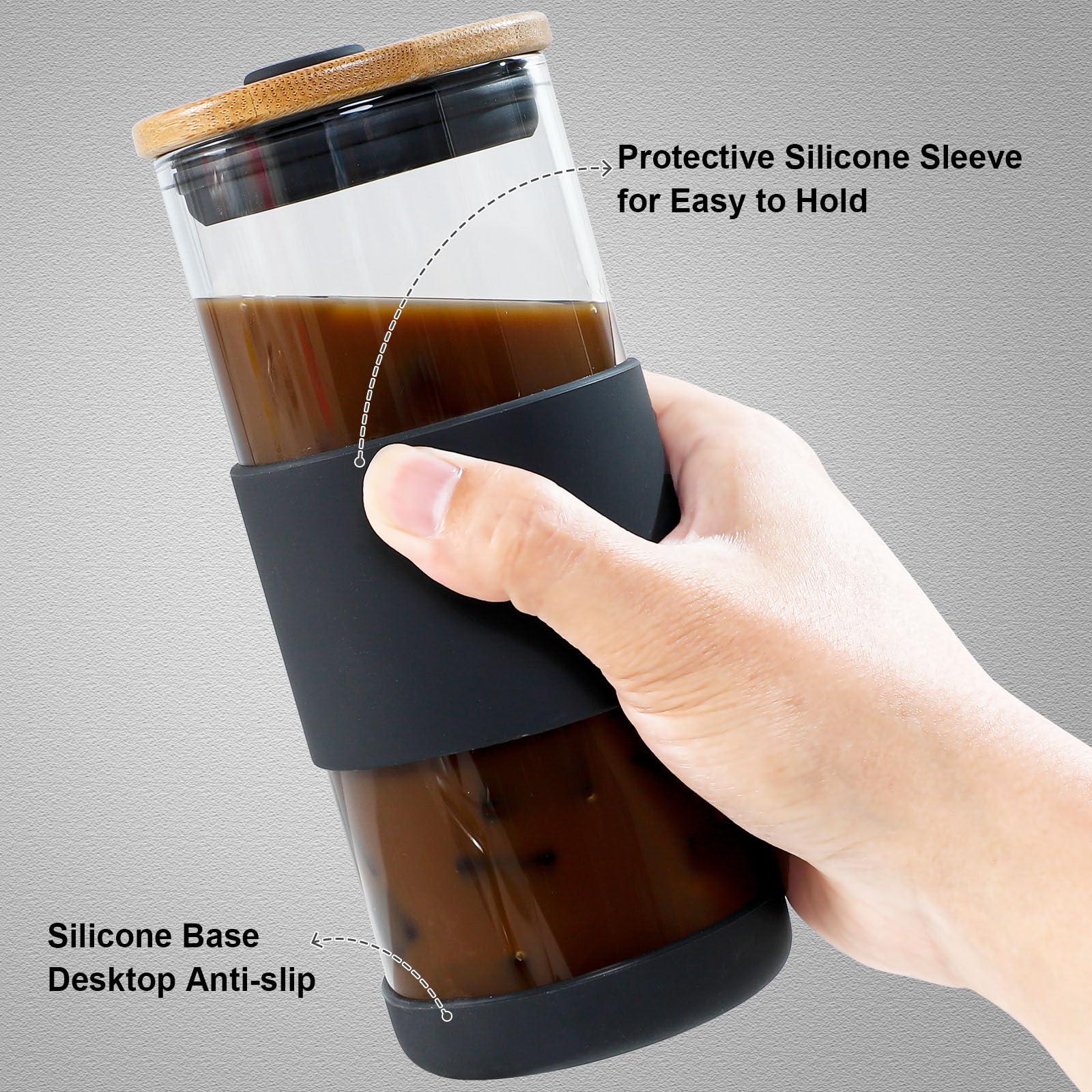 Caperci Glass Cups with Bamboo Lids and Straws - 20 oz Reusable Iced Coffee Cup with 2pcs Cleaning Brushes, Glasses Tumbler Drinking Set for Smoothie, Boba, Idea for On-The-Go(Rose Quartz)
