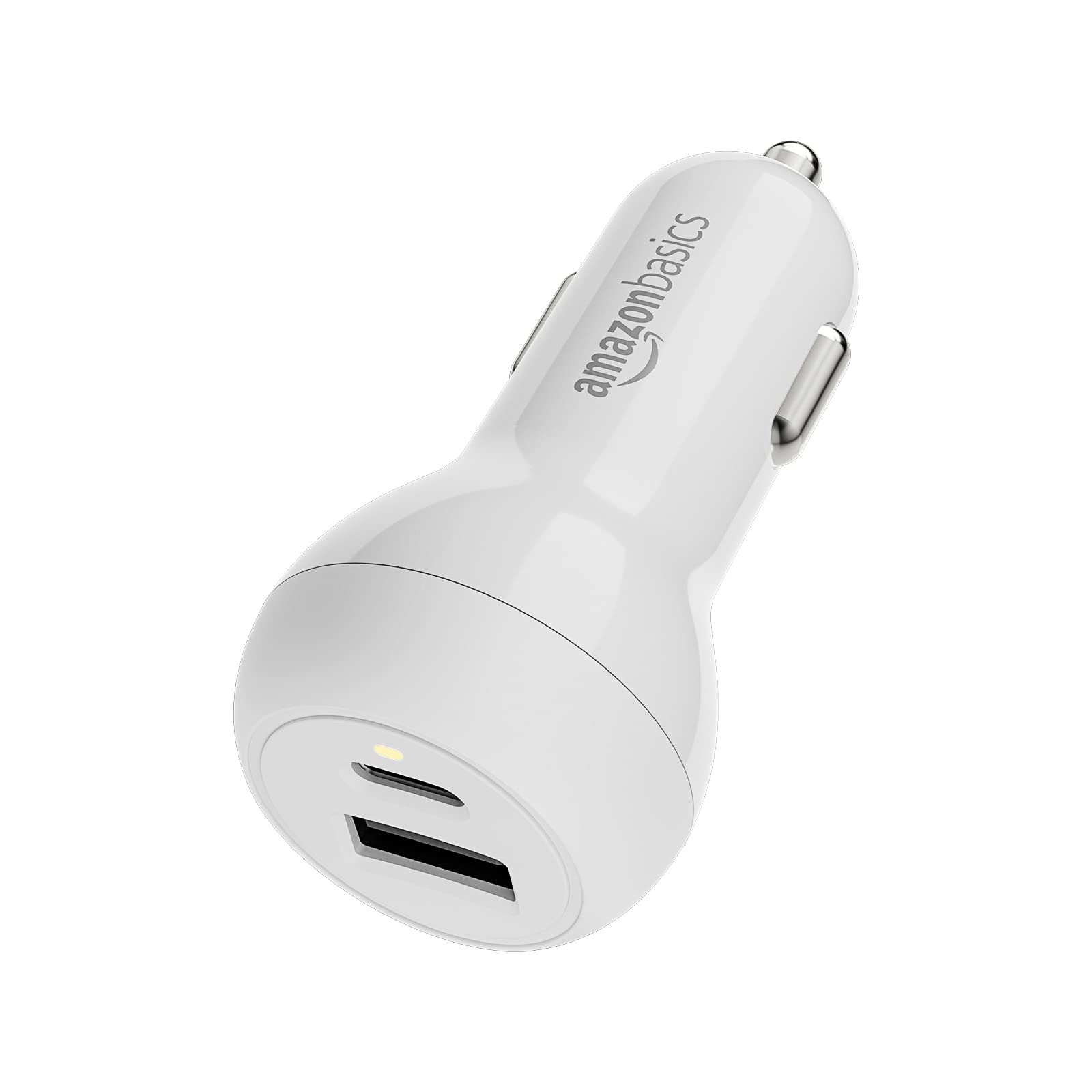 Amazon Basics Dual-Port Car Charger with 1 USB-C Port (20W) and 1 USB-A Port (12W), White