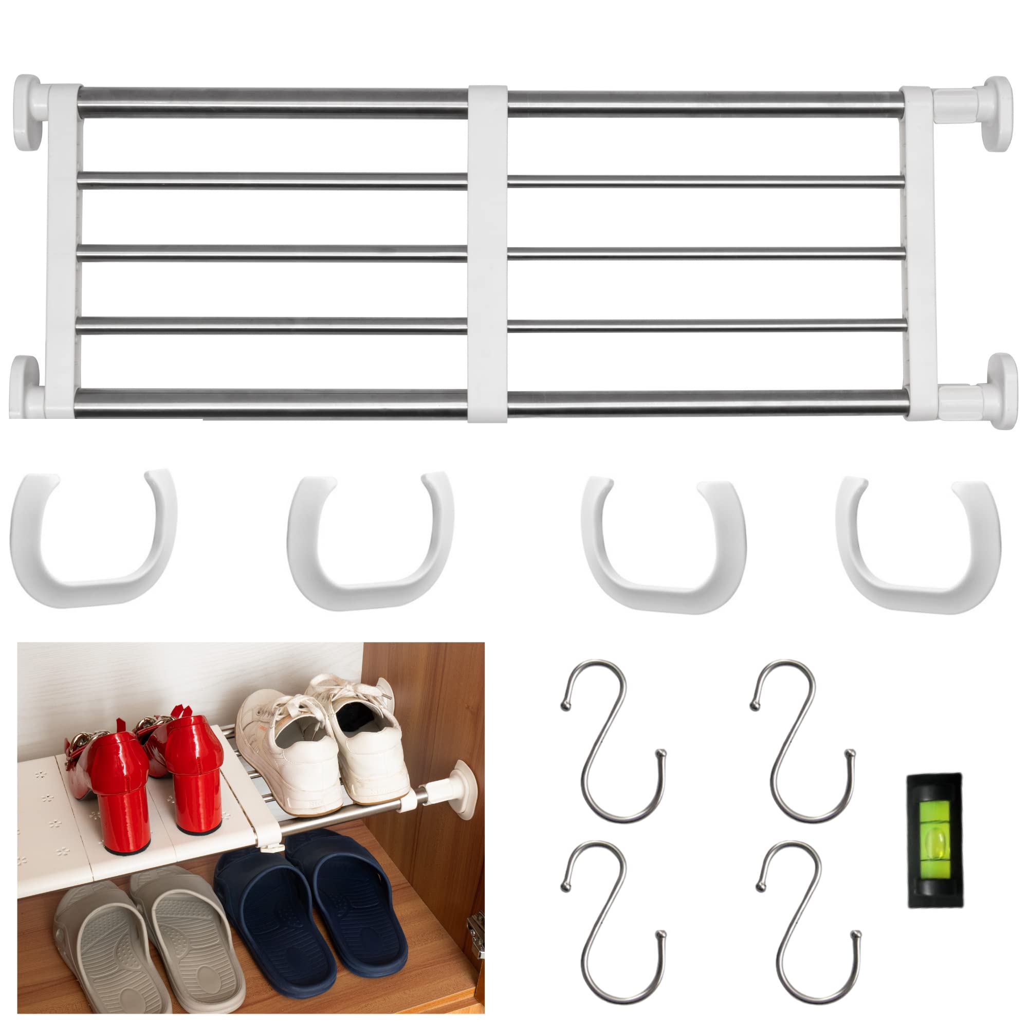 Juwell Tension Rod Shelf, Expandable Closet Tension Shelf with Auxiliary Stickers and Spirit Level, No Drilling Space Saver Racks for Kitchen Cupboard Wardrobe RV(9.45*16.5-25.6Inch)