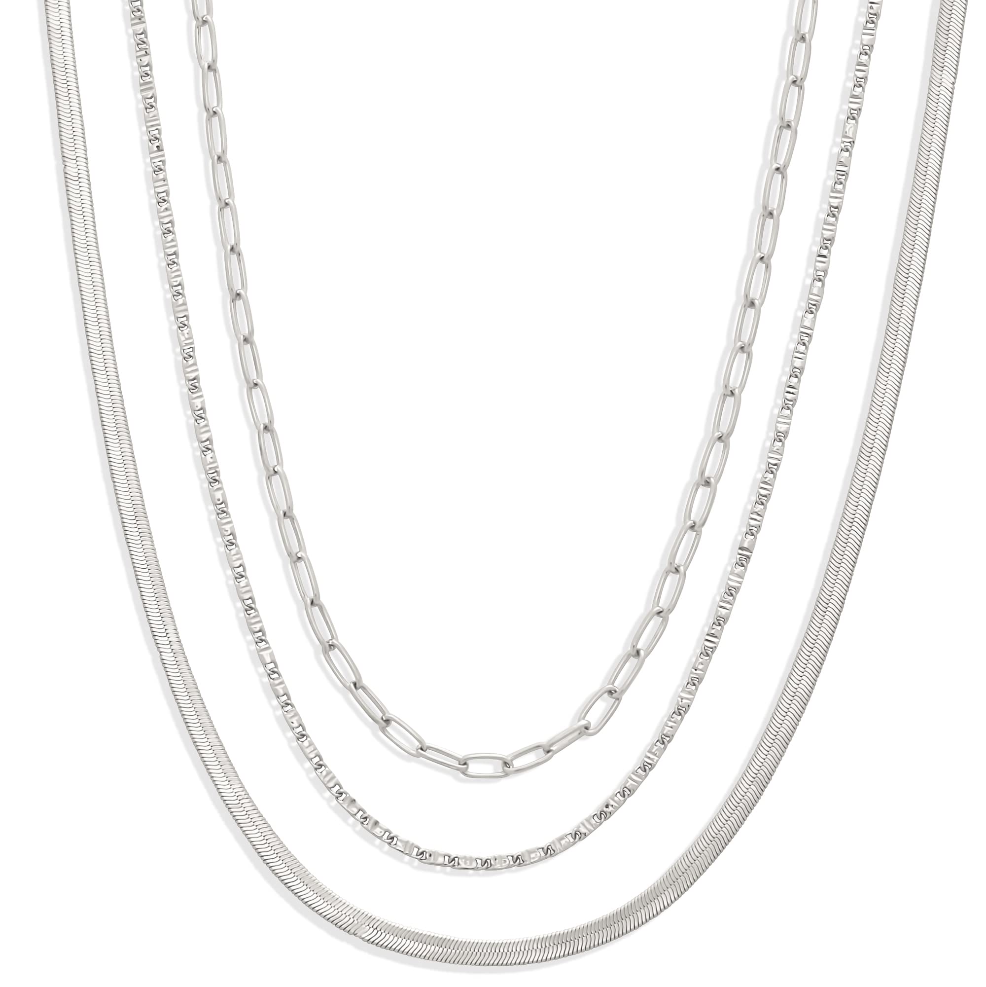 Amazon Essentials 14K Gold Plated Paperclip, Station and Herringbone Chain 3 Row Layered Necklace 16" 18" 20", Yellow Gold