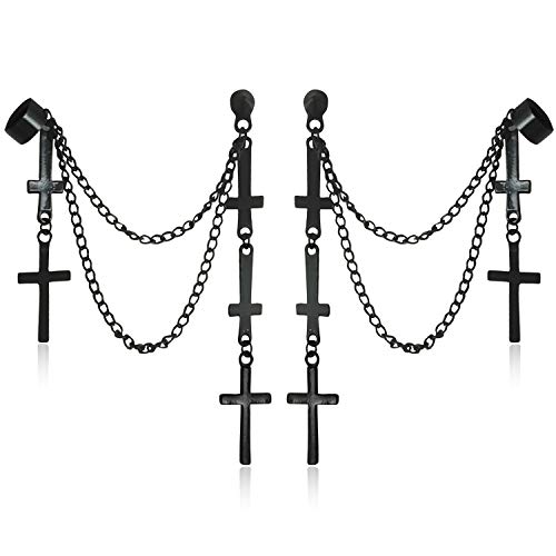 ANDPAI Personalized Multi Layered Long Stainless Steel Cross Chain Dangle Earring Threader Tassel Ear Cuff Black Punk Drop Earring for Women Men Statement Jewelry Gifts (Black)
