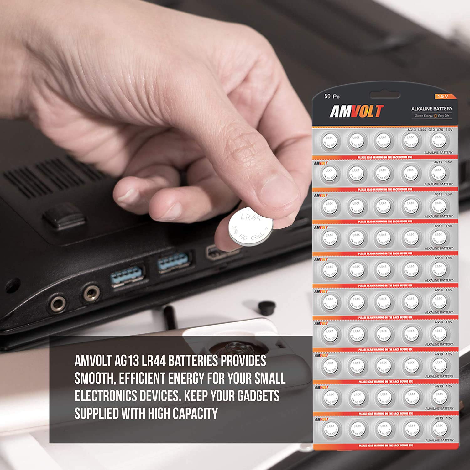AmVolt 50 Pack LR44 AG13 SR44 357 303 LR44G Battery - [Ultra Power] Premium Alkaline 1.5 Volt Non Rechargeable Round Button Cell Batteries for Watches Clocks & Electronic Devices - 2029 Exp Date