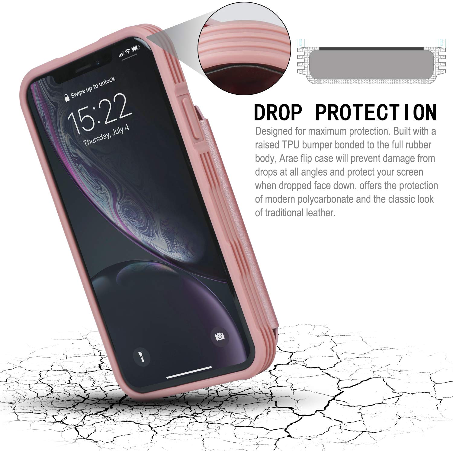Arae Case for iPhone Xr - Wallet Case with PU Leather Card Pockets [Shockproof] Back Flip Cover for iPhone Xr 6.1 inch (Rosegold)