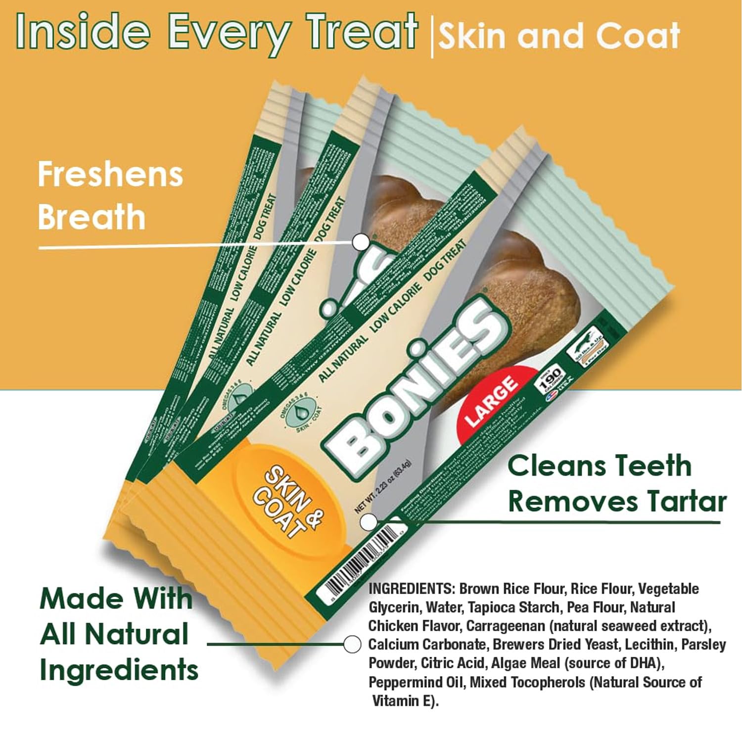 Bonies Natural Skin & Coat Formula Medium-Sized Single Bone - Promote Silky Coat & Healthy Skin, Healthy Teeth & Fresh Breath, Low Calories - Chicken Flavor, 1 Bone