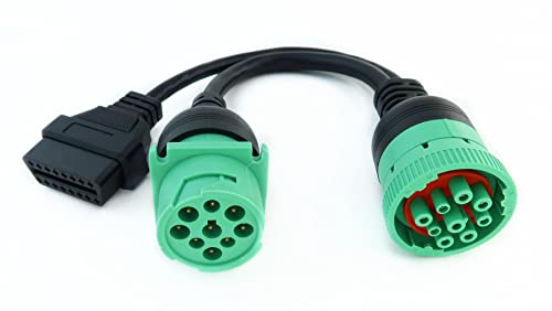 ARTECKIN Green Type 2 J1939 9pin Female to OBD2 and to J1939 Male Splitter Y Cable for Truck Freightliner GPS ELD Tracker