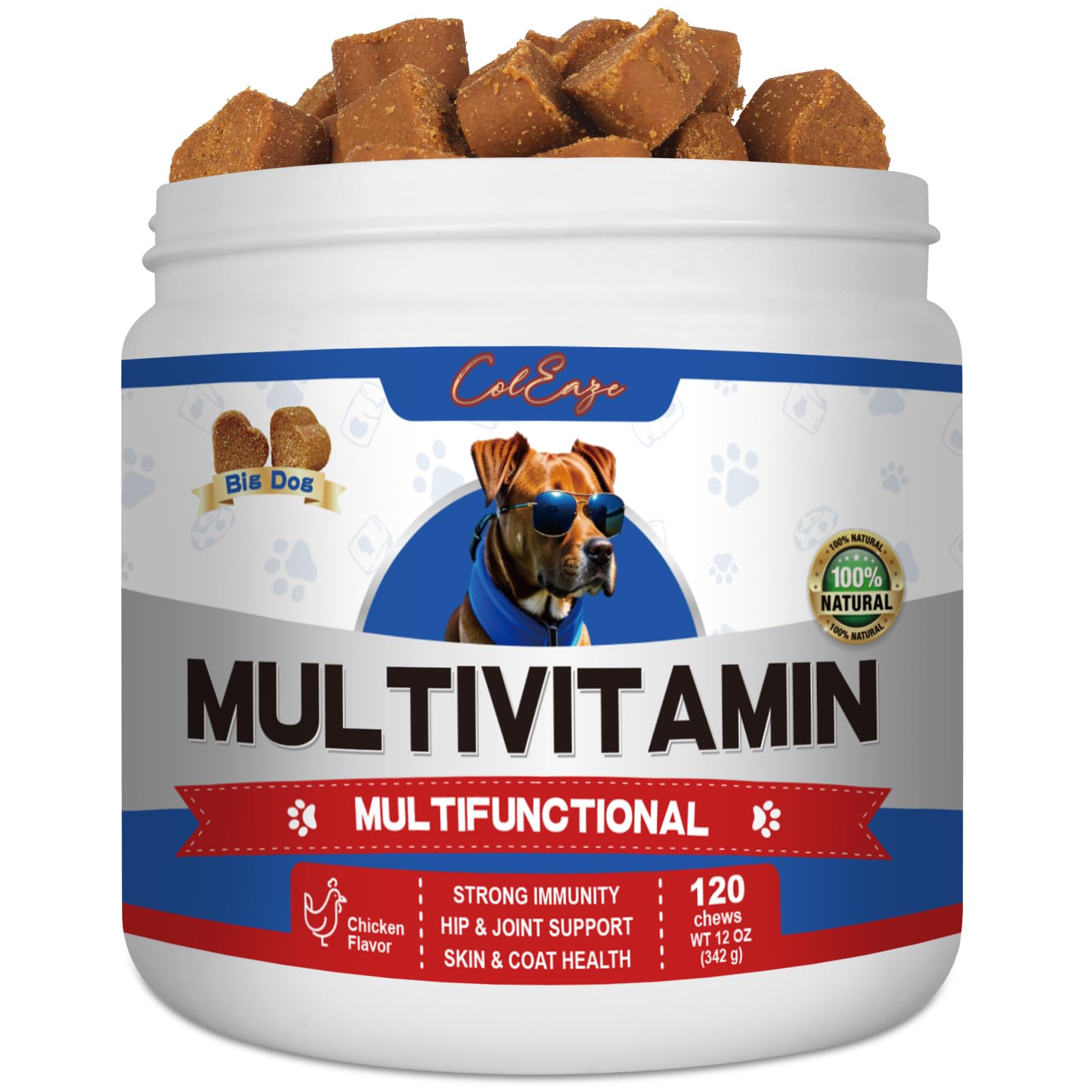 ColEaze Dog Multivitamin Supplement, 5 Essential Vitamins Treats for Dogs, Glucosamine for Joint Support (Chicken Flavor 120 ct)
