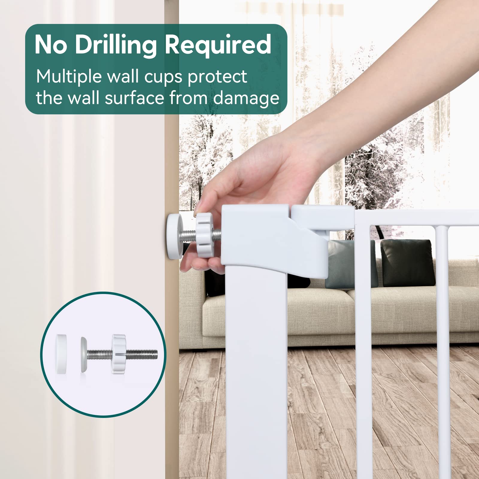 BABELIO 26-34.5 Inch Easy Install Narrow Pressure Mounted Metal Baby Gate, No Drilling, No Tools Required, with Wall Protectors and Extenders (White)