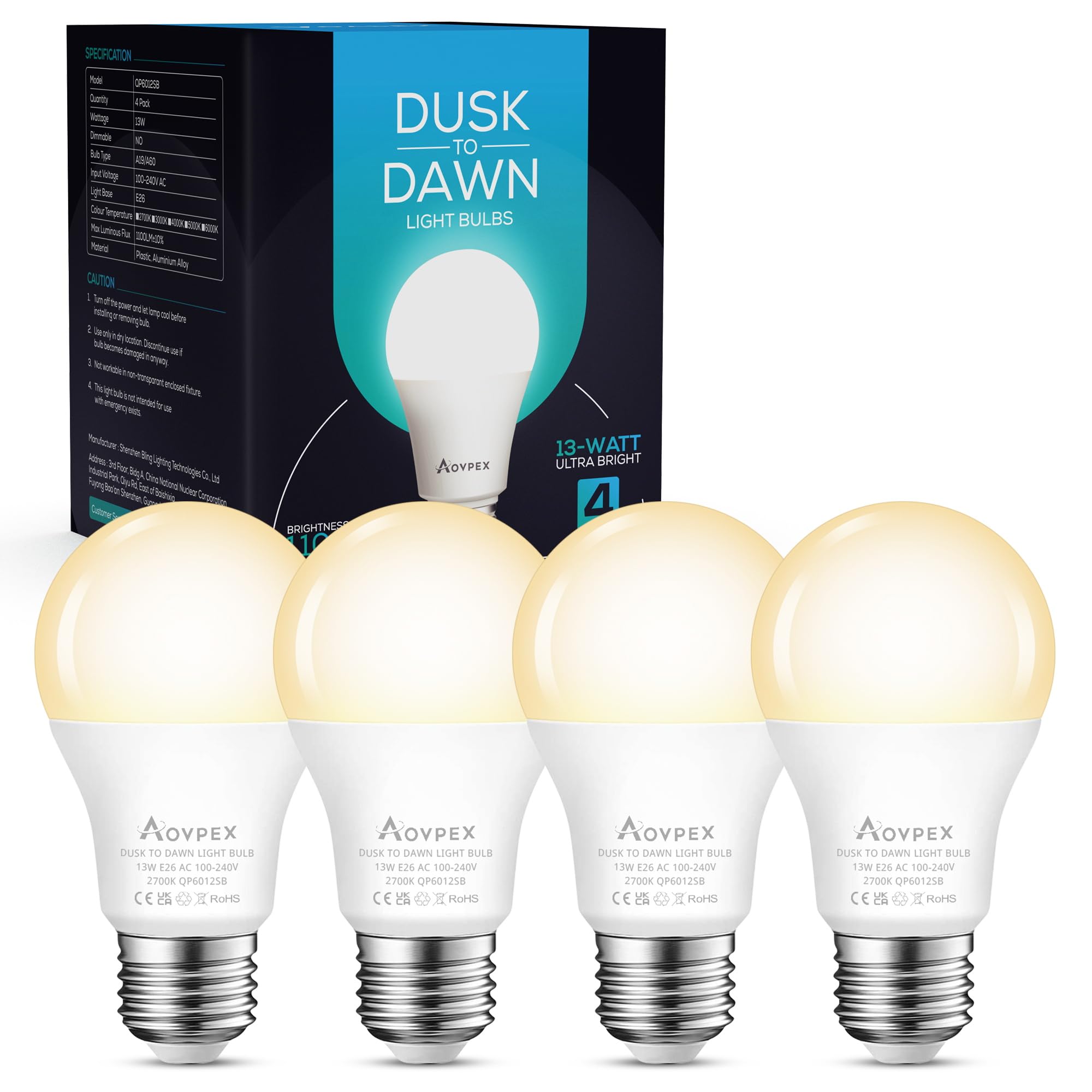 Aovpex Dusk to Dawn LED Outdoor Light Bulbs, 13W 1100LM(100W Equivalent), A19 Sensor LED Bulb, E26 2700K Soft White Day Night Bulbs, Auto ON/Off, Sensor Lighting for Porch Garage Front Door, 4 Pack