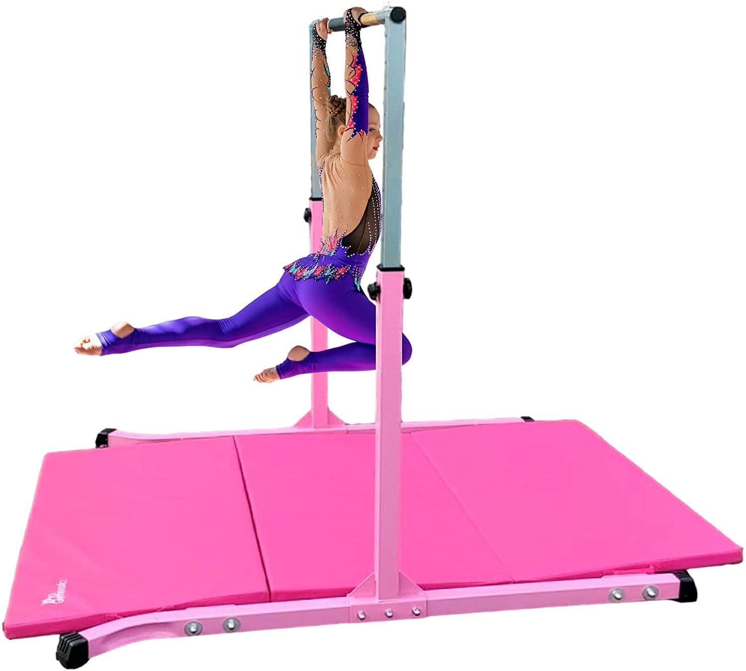 Athletic Bar Expandable Gymnastics Kip Bar Set with Balance Beam, 6'x4' Mat for Kids, Horizontal Bar Junior Gymnastic Training Exercise Gymnast Home Gym Adjustable 3 to 5 FT Fiberglass Rail (Pink)