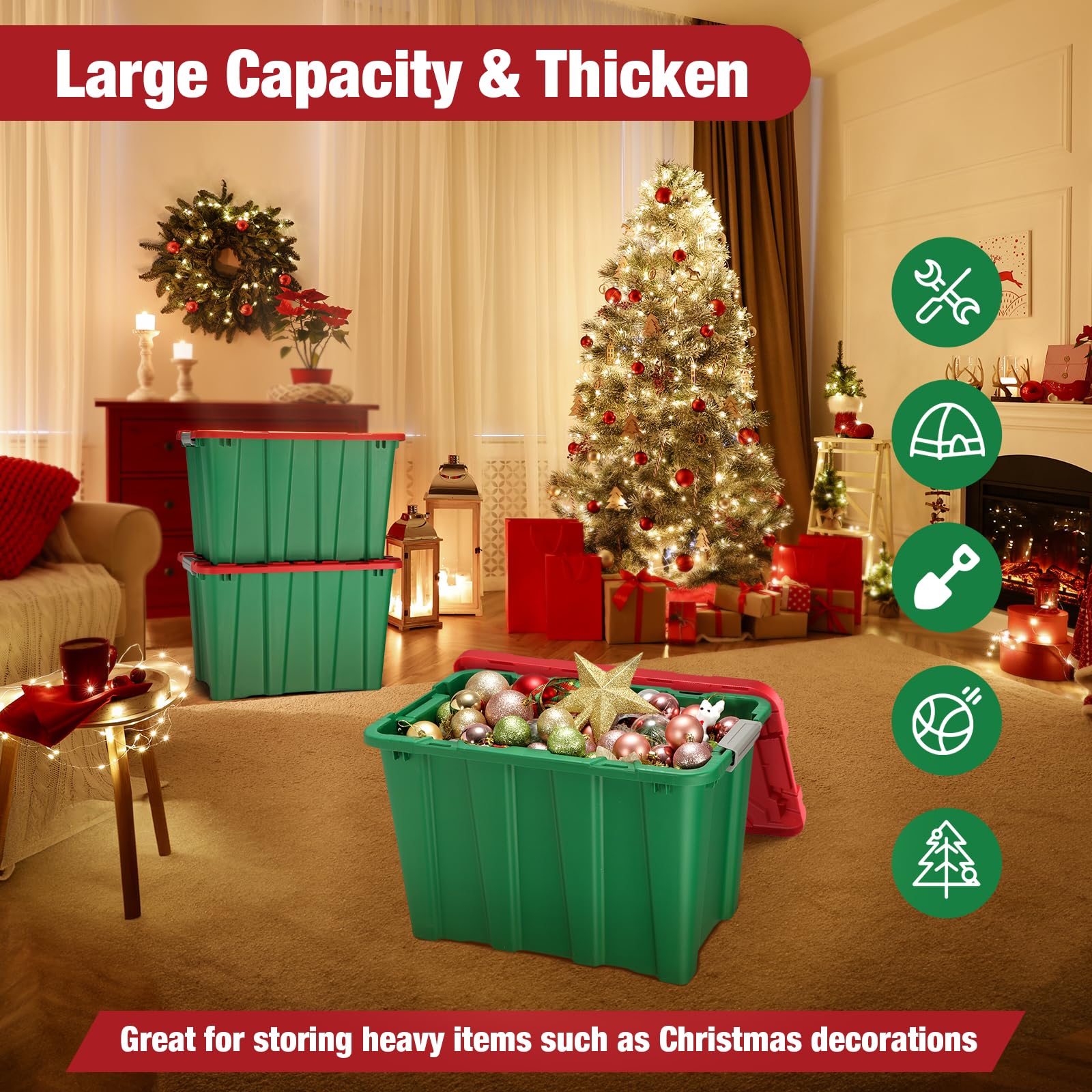 BROVIEW V12 16 Gal Heavy Duty Plastic Storage Bins with Lock Hole & Handle, Stackable Tough Tote Storage Box Containers with Latching Lids for Christmas Holiday Ornament (Green Base/Red Lid, 4 Pack)