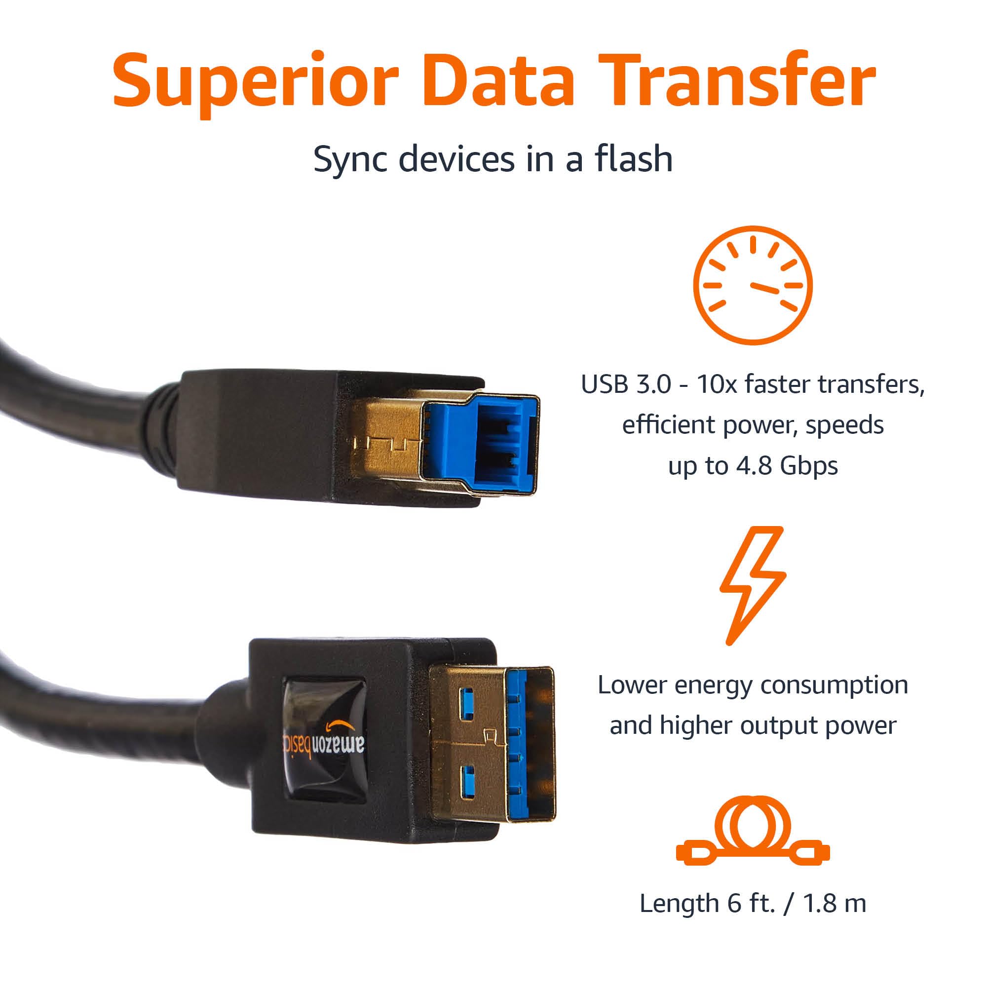 Amazon Basics USB 3.0 Cable - A-Male to B-Male - 3 Feet (0.9 Meters), 10-Pack
