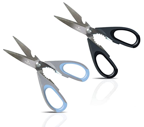 Better Kitchen Products Premium Kitchen Shears, 8.5", All Purpose Stainless Steel Utility Scissors, Heavy Duty, Meat Scissors, Poultry Shears, Multipurpose (2PK-Blk/Gray & Slvr/Blu)