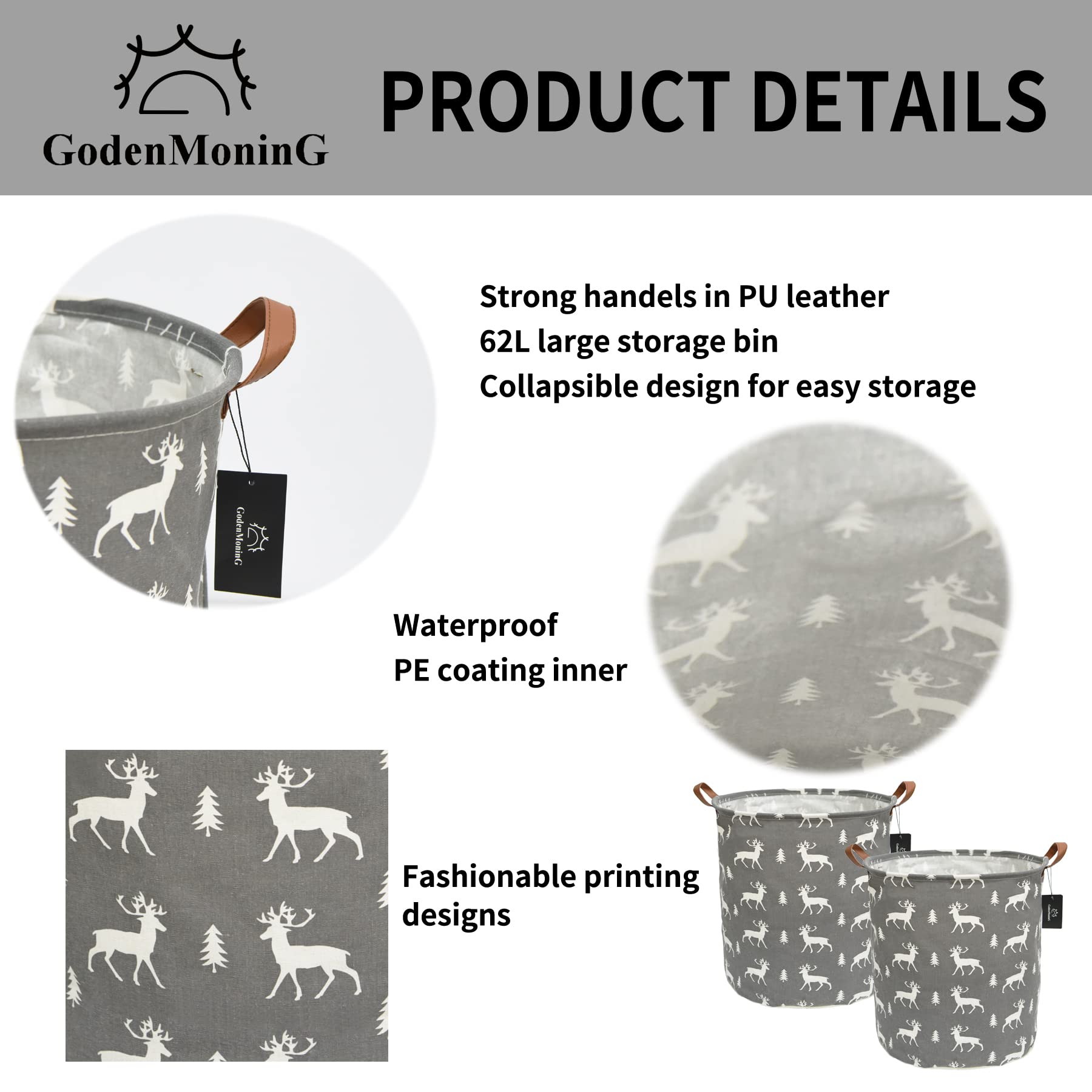 Collapsible Laundry Basket - GodenMoninG 2X 62.8L Large Sized Round Waterproof Storage Bin with Leather Handles,Home Decor,Toy Organizer,Children Nursery Hamper.(2 PACKS,Grey Deer X2)