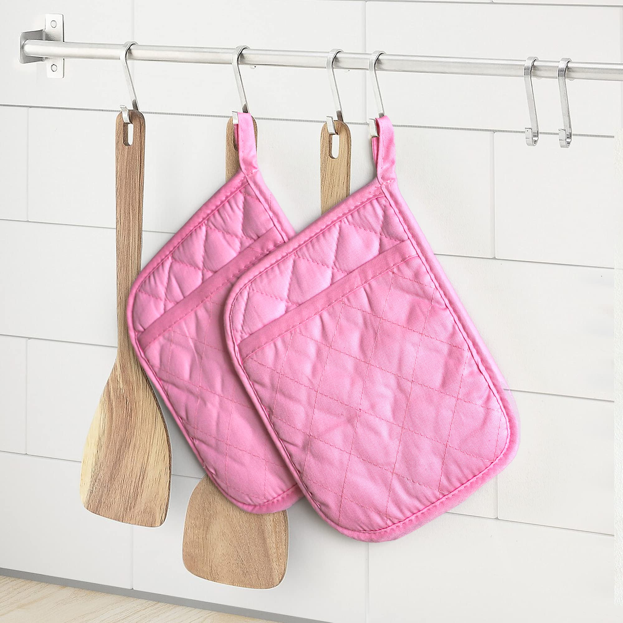 ARCLIBER Pink Pot Holders,4PCS Heat Resistant Hot Pads,Non-Slip Rubber Surface Design,Cotton Infill Kitchen Potholders Set
