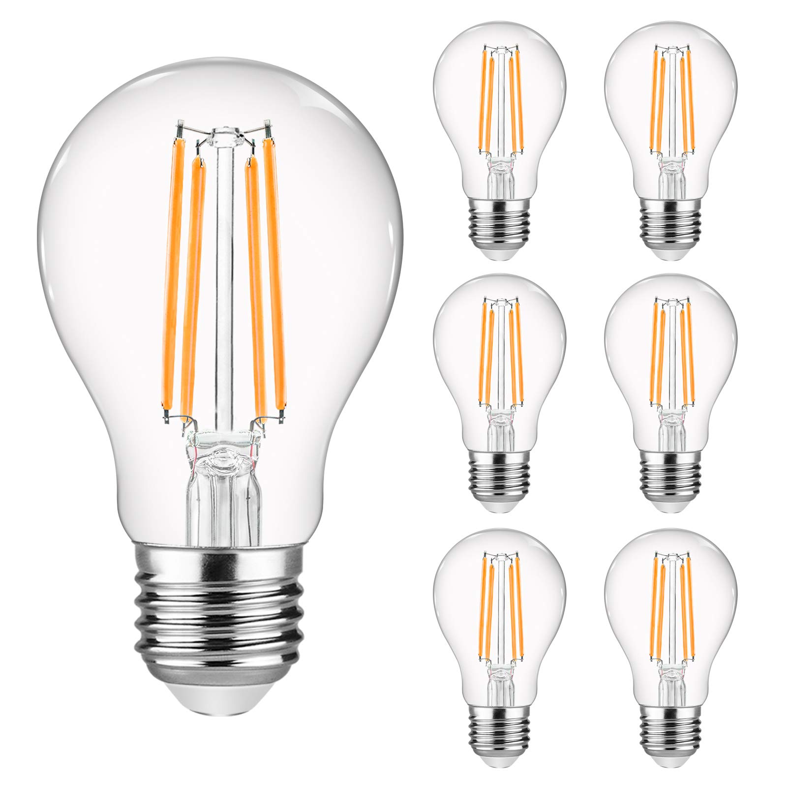 Ascher Classic Clear Glass E26 LED Light Bulb 60 Watt Equivalent, Eye Protection A19 LED Bulb with 95+ CRI, Warm White 2700K, Non-Dimmable,E26 Medium Base, Pack of 6