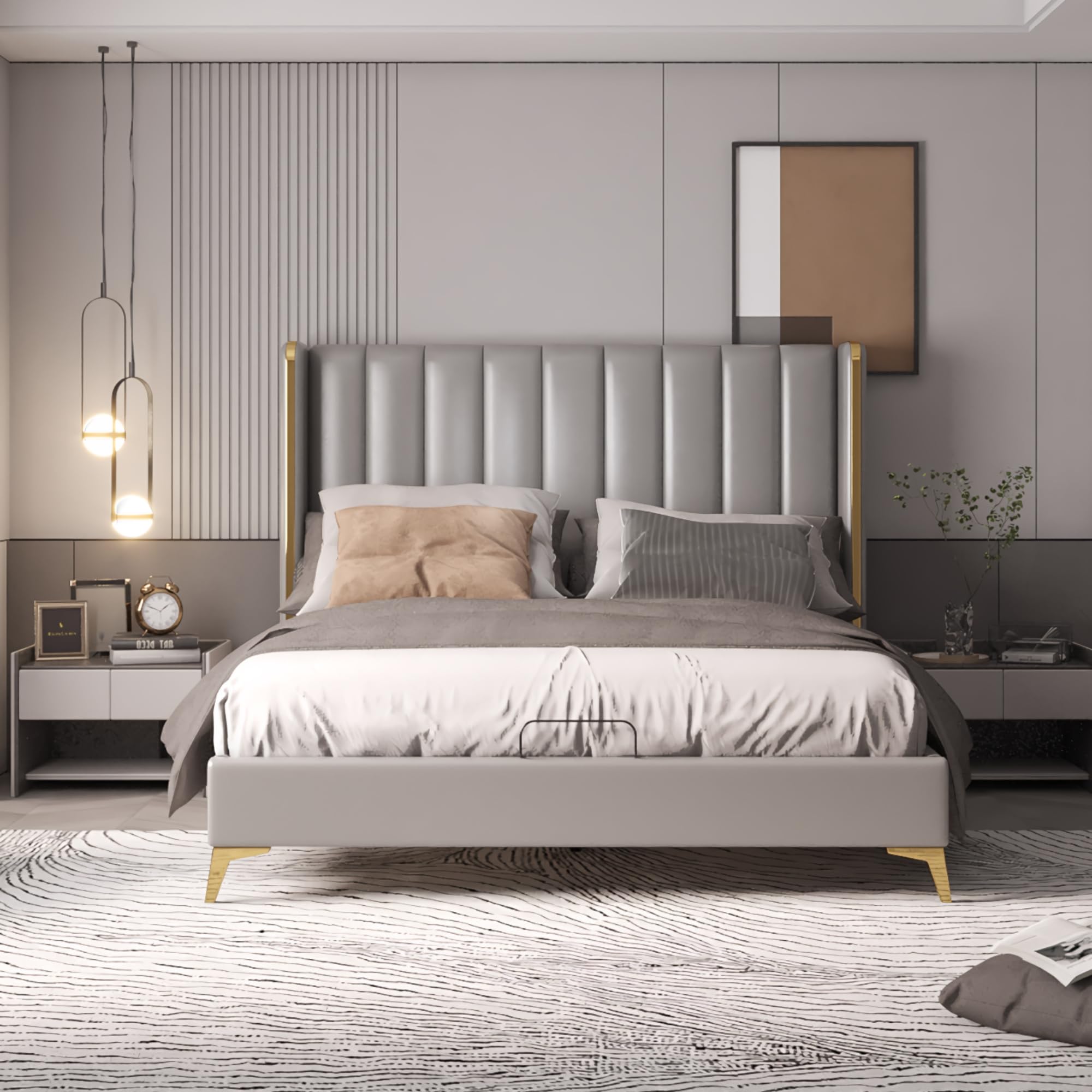 APRILSOUL King Size Channel Tufted Upholstered Platform PU Leather Bed Frame with 56“ Tall Headboard & Thickening Pinewooden Slats and Metal Leg,No Box Spring, for Bedroom,Light Gray