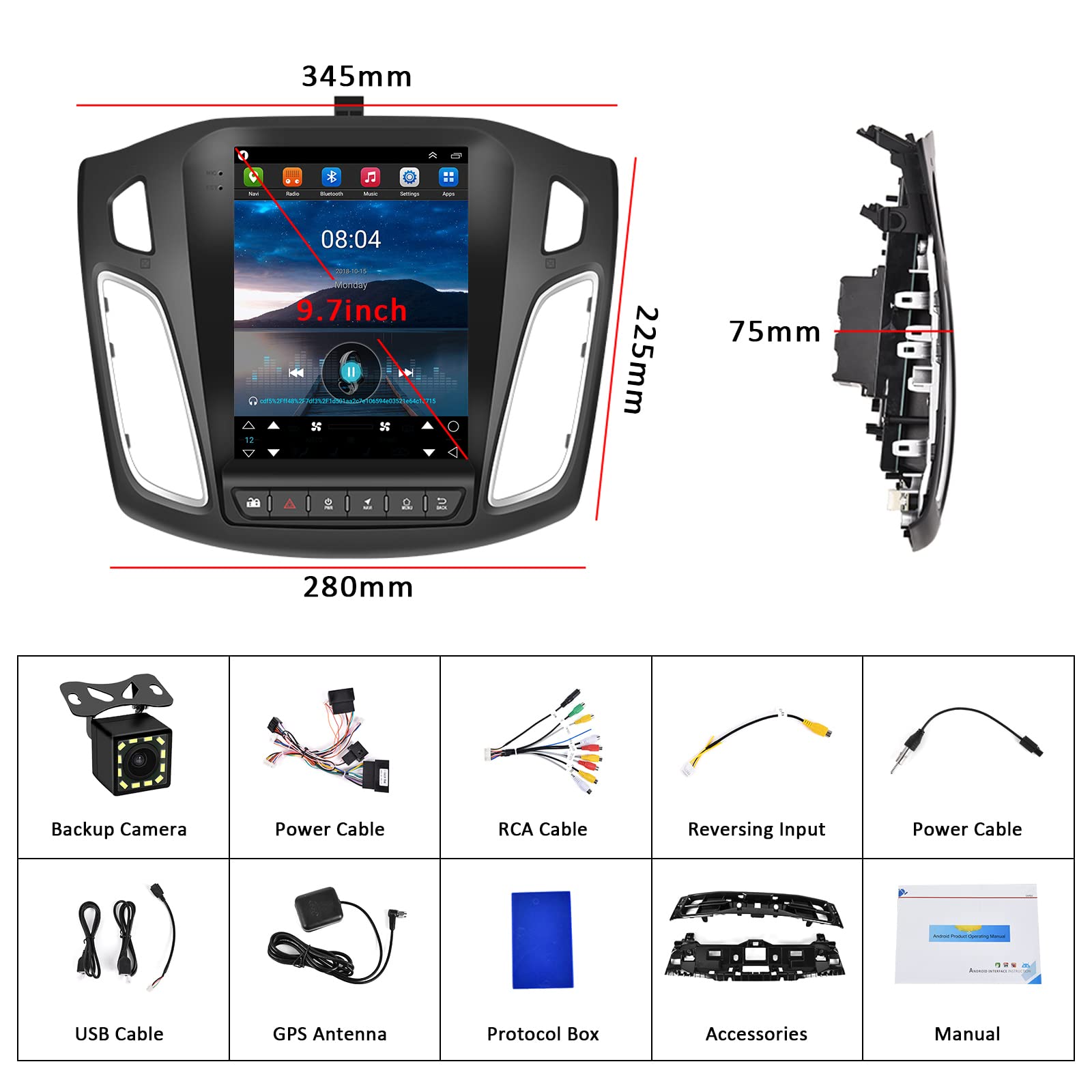 Android Car Stereo for Ford Focus 2012-2018, 9.7 inch Vertical Capacitive Touch Screen Car Radio with GPS Bluetooth WiFi FM RCA USB+Backup Camera + External Microphone,Support SWC Mirror Link