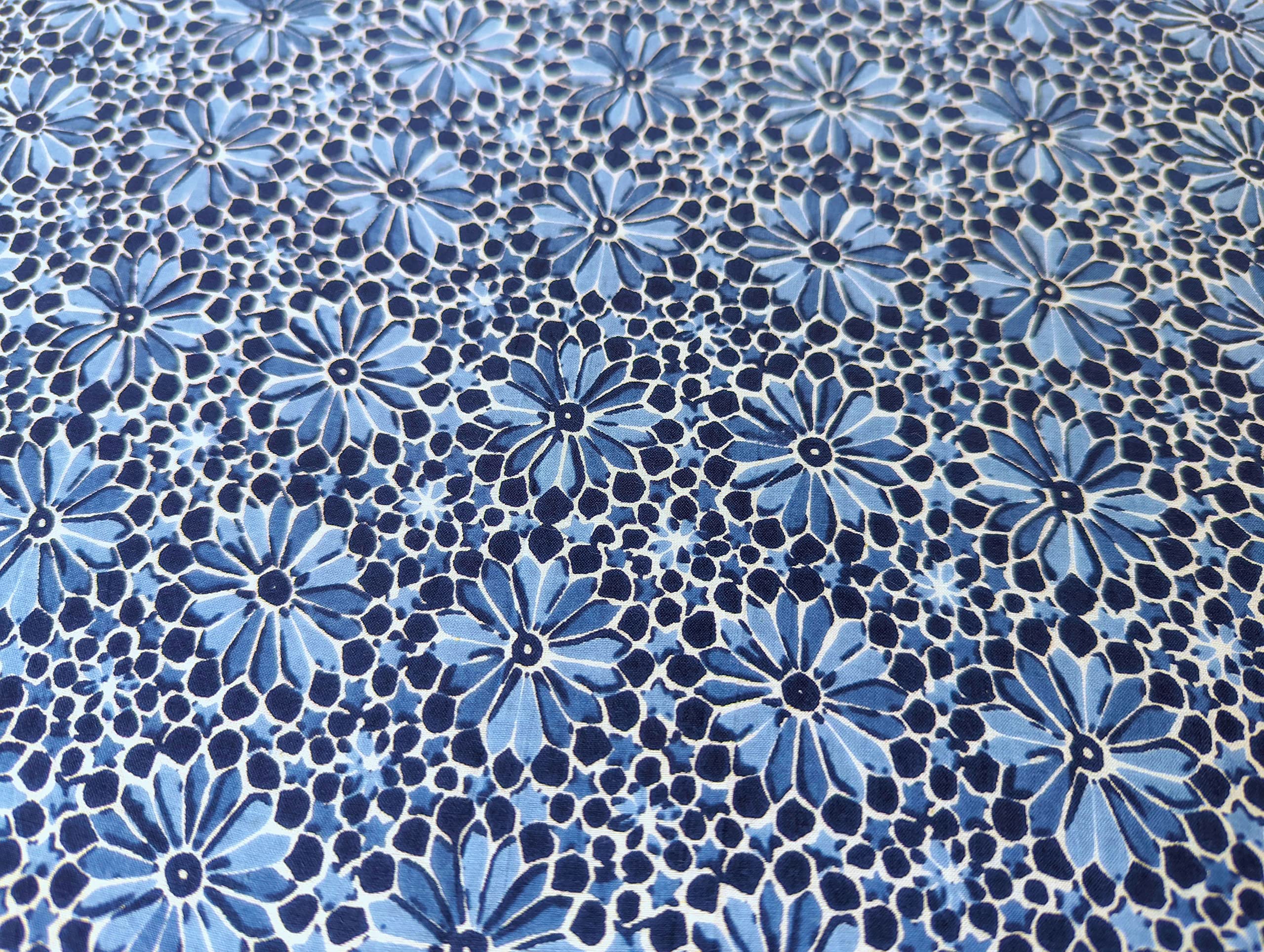 AVKA Studio Hand Block Print Fabric by The Yard - PRECUT 3 Yard 42 Inch Width - 100% Cotton Material - Indigo Blue & White Floral Pattern - Light Weight Indian Cloth for Making Summer Dress Project