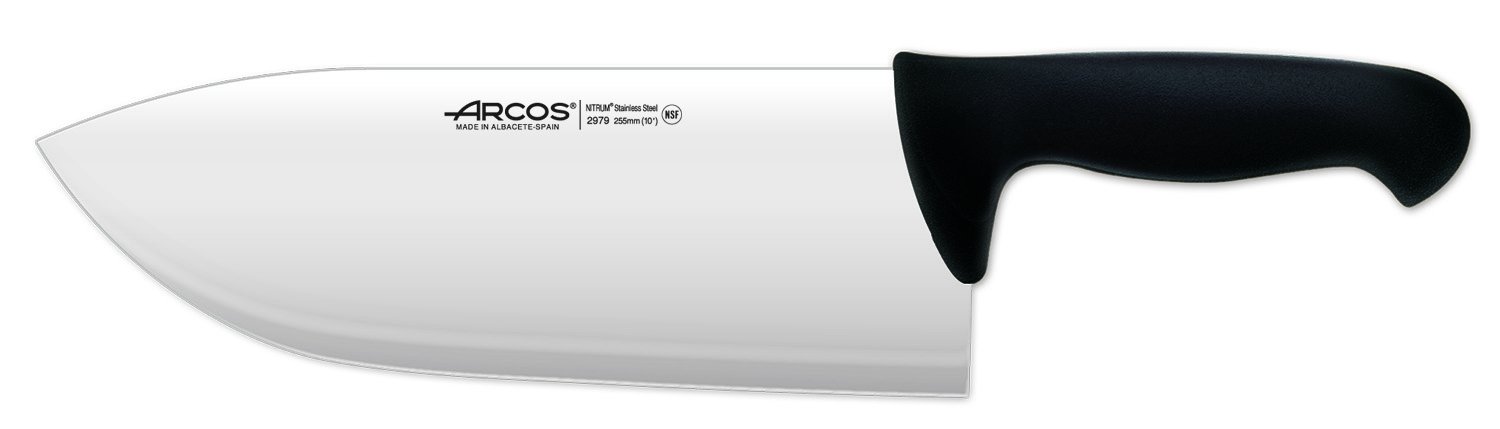 ARCOS Butcher Knife 10 Inch Nitrum Stainless Steel and 255 mm blade. Ergonomic Polypropylene Handle. Series 2900. Features different handle colors to make it easier for each food group. Color Black.