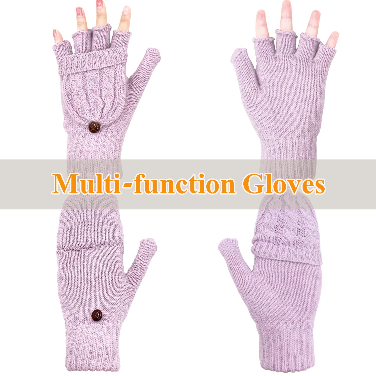 Beurlike Women's Winter Gloves Warm Wool Knitted Convertible Fingerless Mittens (Purple)