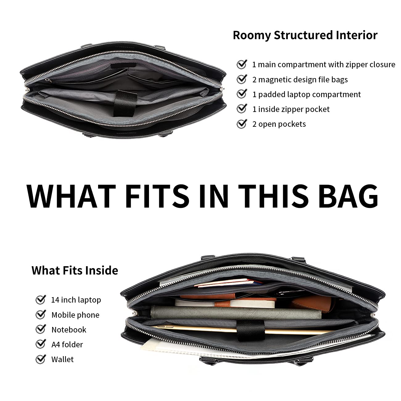Augus Leather Briefcase Messenger Laptop Bag for Men Women 14 inch Water Resistant Anti Theft Durable for Work Travel (Black)