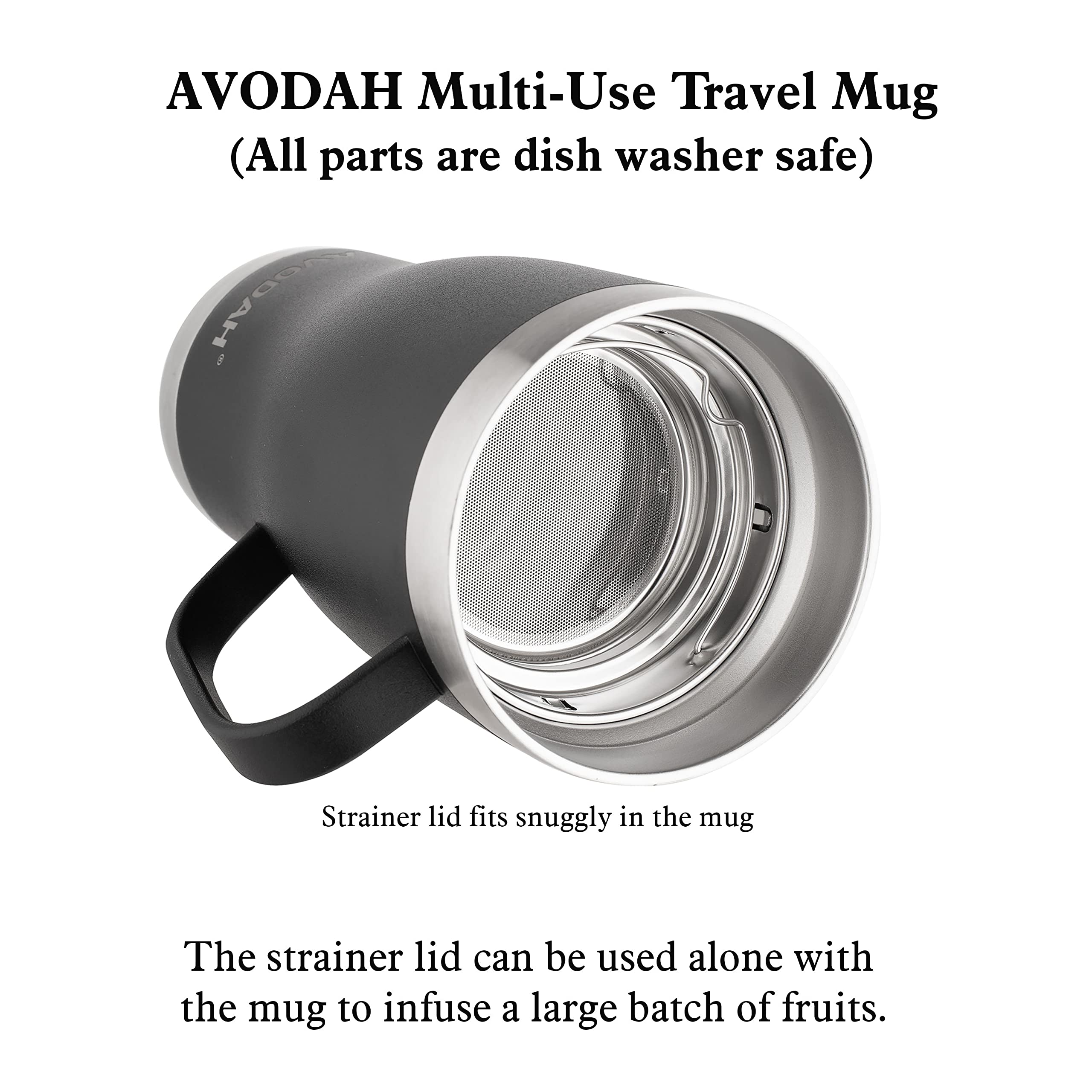 AVODAH 20 oz Tea Cup with Tea Infuser and Lid. Tea Infuser Mug with Tea Strainer, Two Lids & Straw. Coffee Travel Mug with Tea Accessories for Cold Brew (Black)