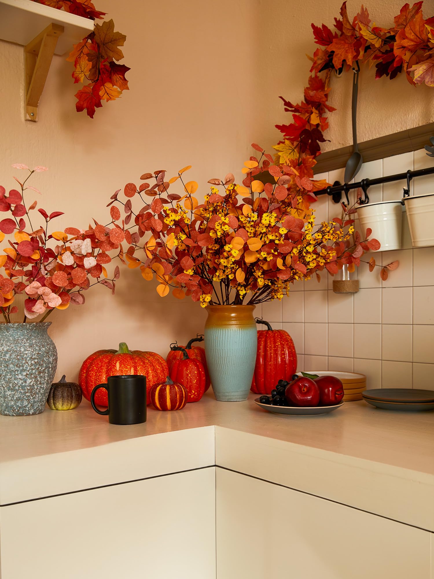 Anna's Whimsy 8 Pcs Artificial Eucalyptus Stems and Fake Babys Breath Flower Fall Decorations Fall Leaves for Fall Home Decor