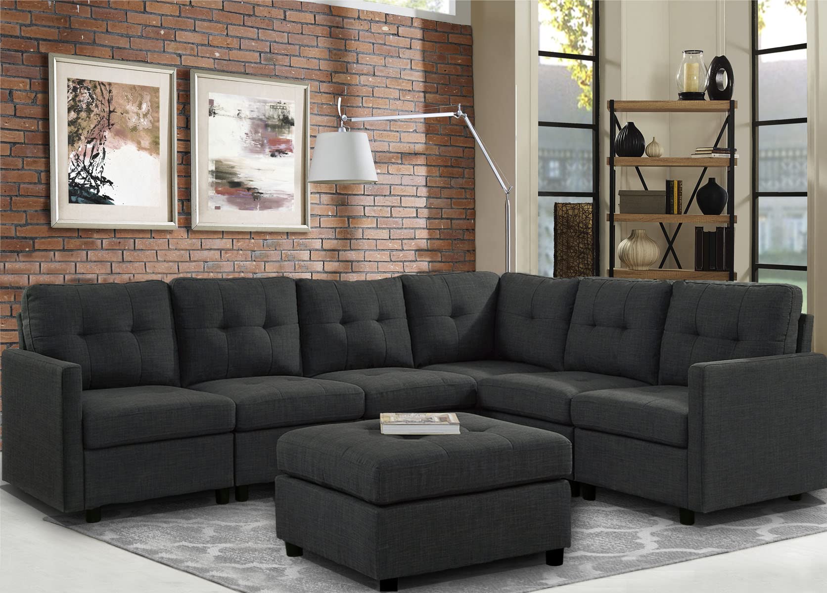 asunflower Sectional Sofa Ottoman Set Modular Couch with Console Cup Holder,6 Seater Modern Sectional Couches for Livning Room Corner L Shape Fabric Sofa Couch with Charge Ports, Dark Grey