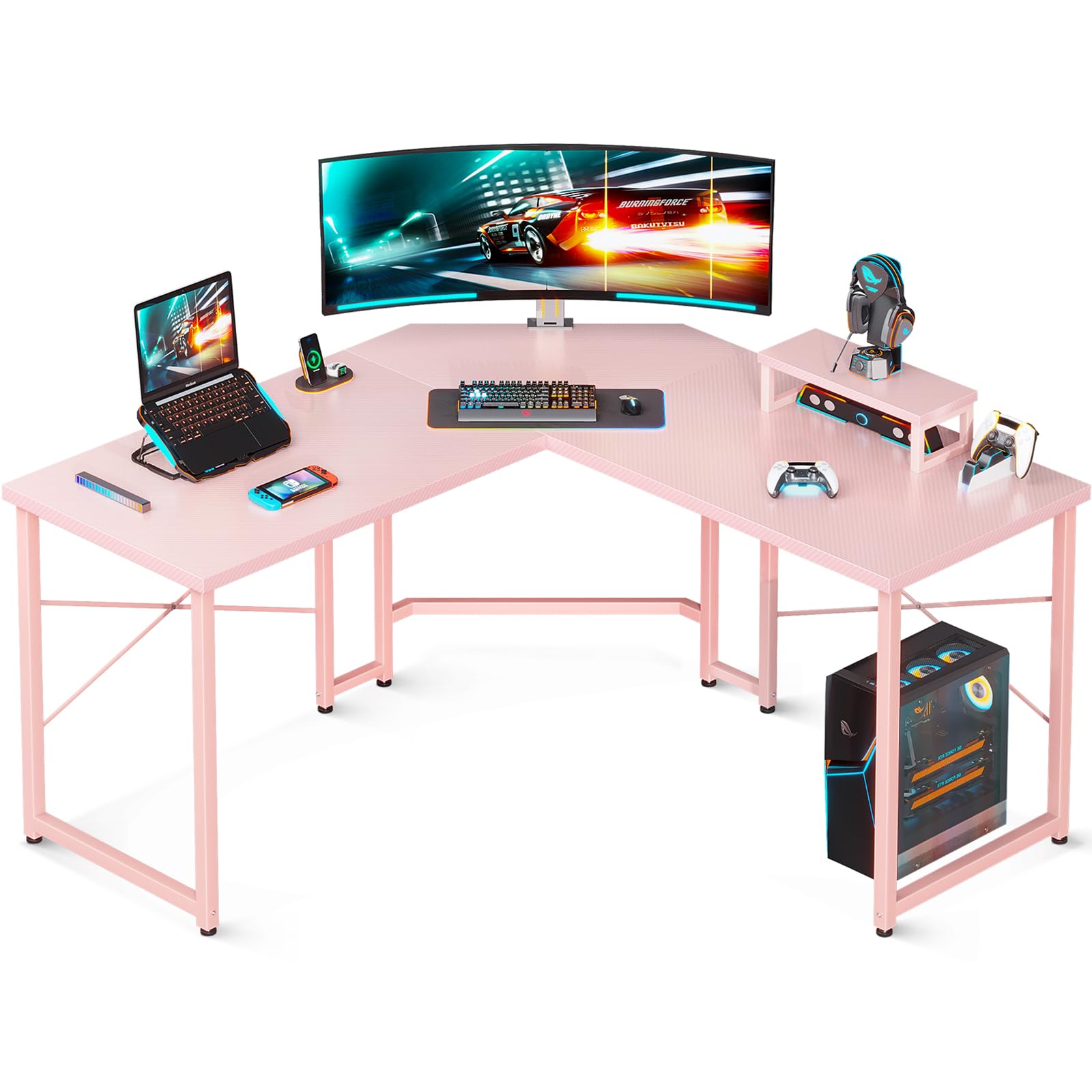 AODK L Shaped Gaming Desk, Computer Corner Desk, PC Gaming Desk Table with Large Monitor Riser Stand for Home Office Sturdy Writing Workstation,51 * 19 inch,Pink