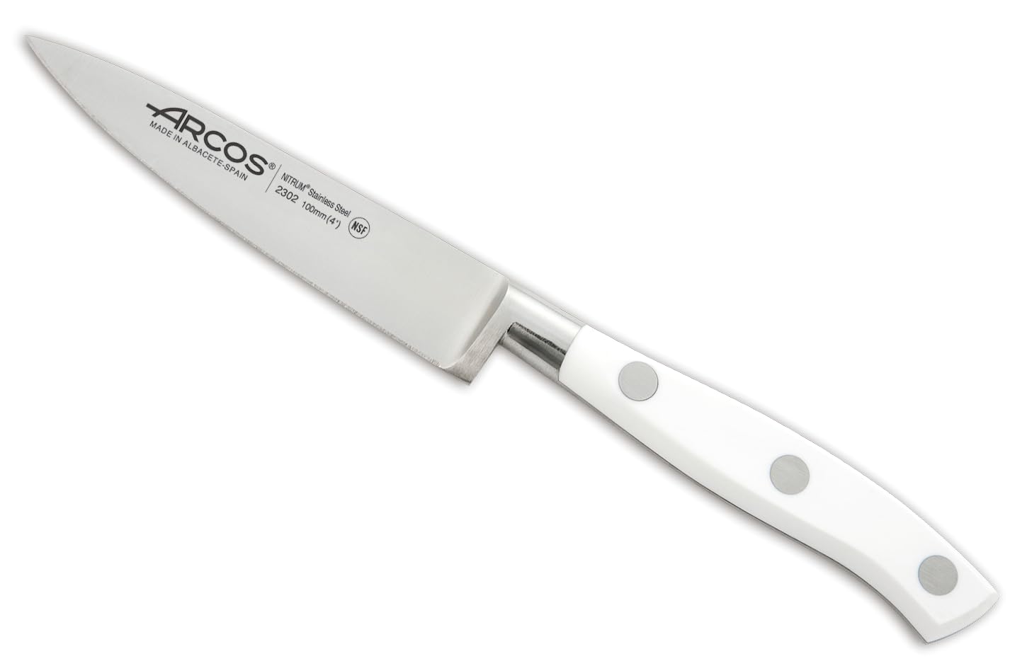 ARCOS Forged Paring Knife 4 Inch Stainless Steel. Kitchen Knife for Peeling Fruits and Vegetables. Ergonomic Polyoxymethylene Handle and 100mm Blade. Series Riviera Blanc. Color White