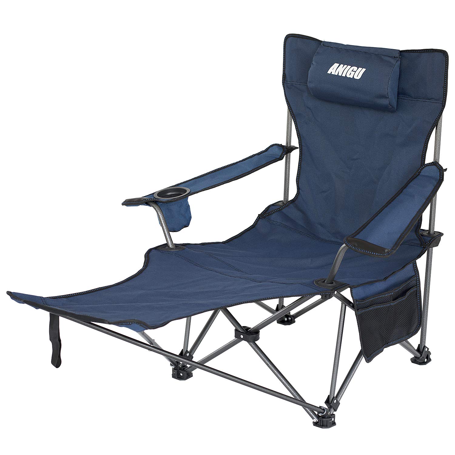 ANIGU Outdoor Folding Camp Chair with Footrest and Arms Reclining Oxford Fabric Lawn Chairs (Blue)