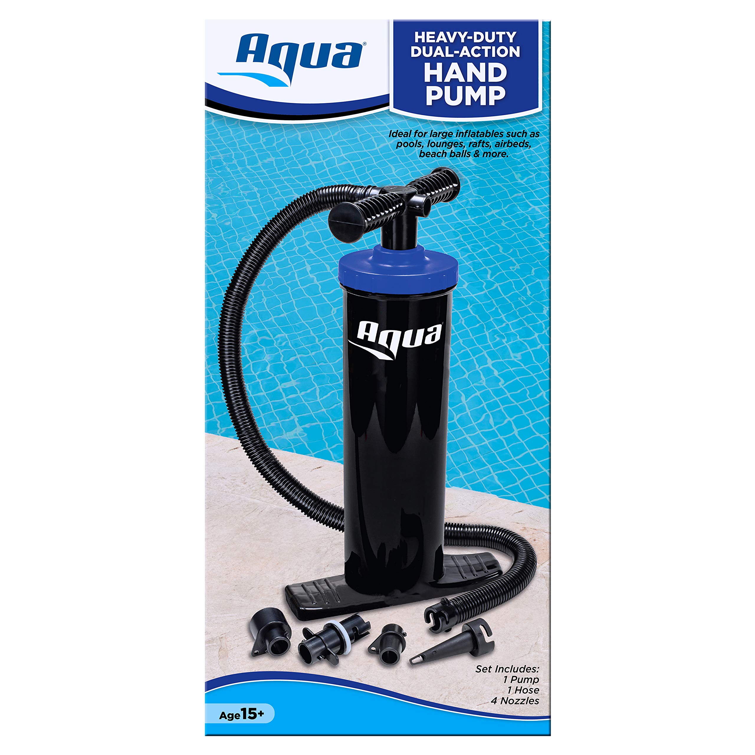 Aqua Dual-Action Hand Pump – Heavy Duty Air Pump with 4 Nozzle Attachments – Black