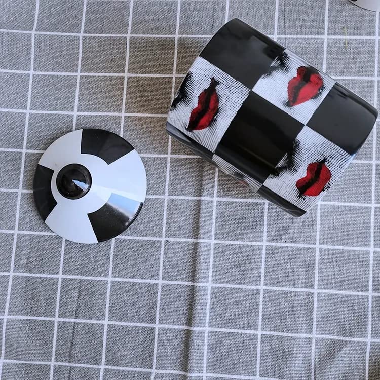 AlphaDesignLuxe Decorative Candle Holder Handcrafted Aromatherapy Candle Jar Italian Designer Décor Fashionable Tabletop Vase Modern Art Female Face Eyes Lips Centerpiece. (Red Lips Black Squares)