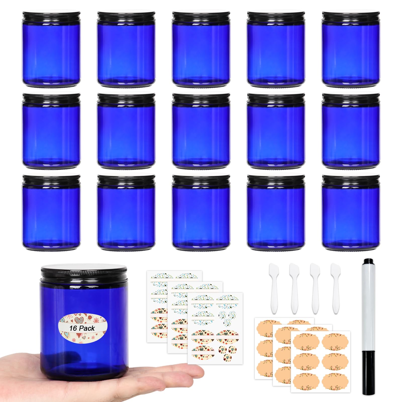 Homerove 16 Pack 8oz Amber Glass Jars with Metal Lids, Round Candle Making Jars, Empty Thick Refillable Cosmetic Container for Candle Making, Food Storage, Canning, Spices, Liquids